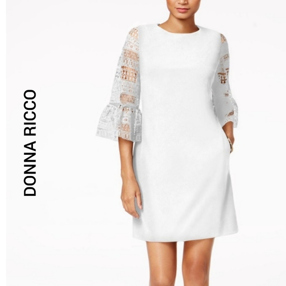 Donna Ricco | Dresses | Donna Ricco White Lace Bell Sleeves Sheath ...